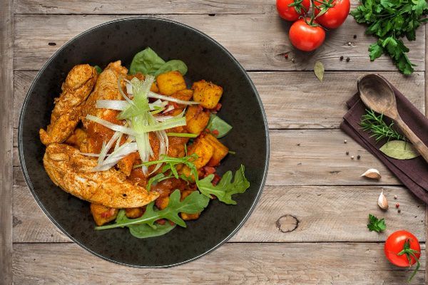 Tender Spanish Chicken with Patatas Bravas, Spicy Chorizo Peices - The ...